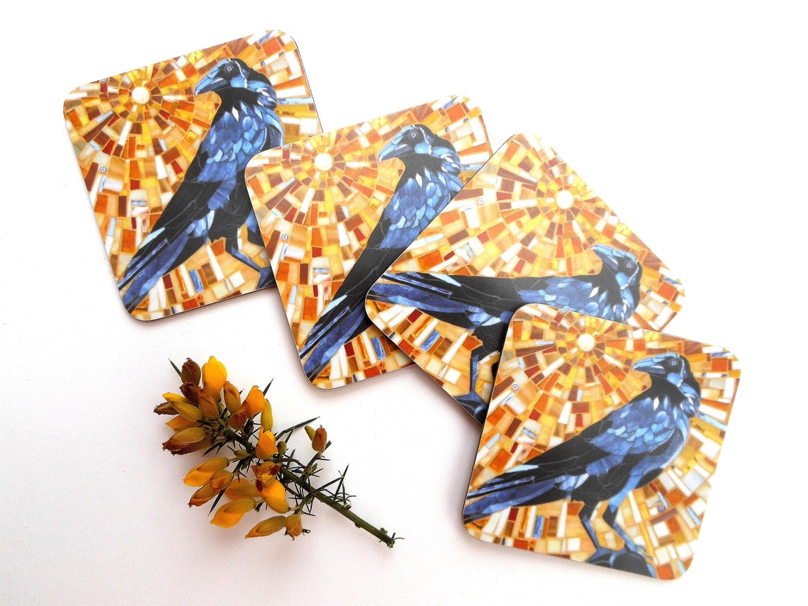 COASTER SET of 4 Crow Coasters Mosaic Art Cork Backed - Etsy