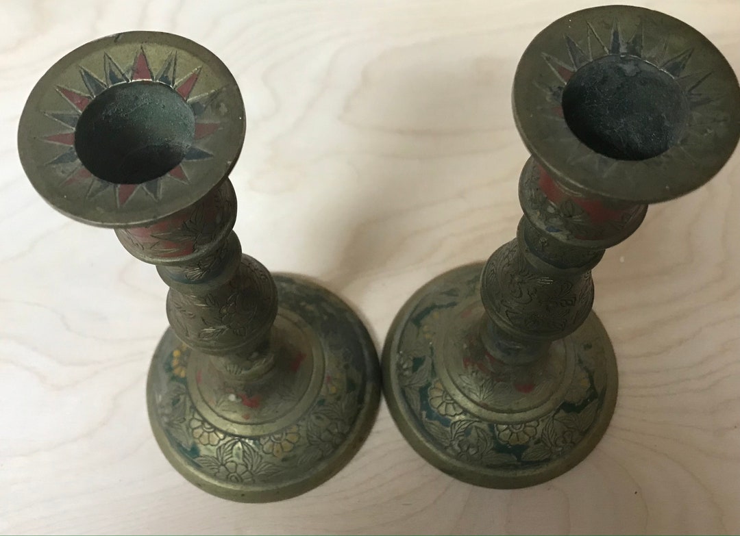 Vintage Brass Enamelware Pair of Candlesticks Very Cool Old - Etsy