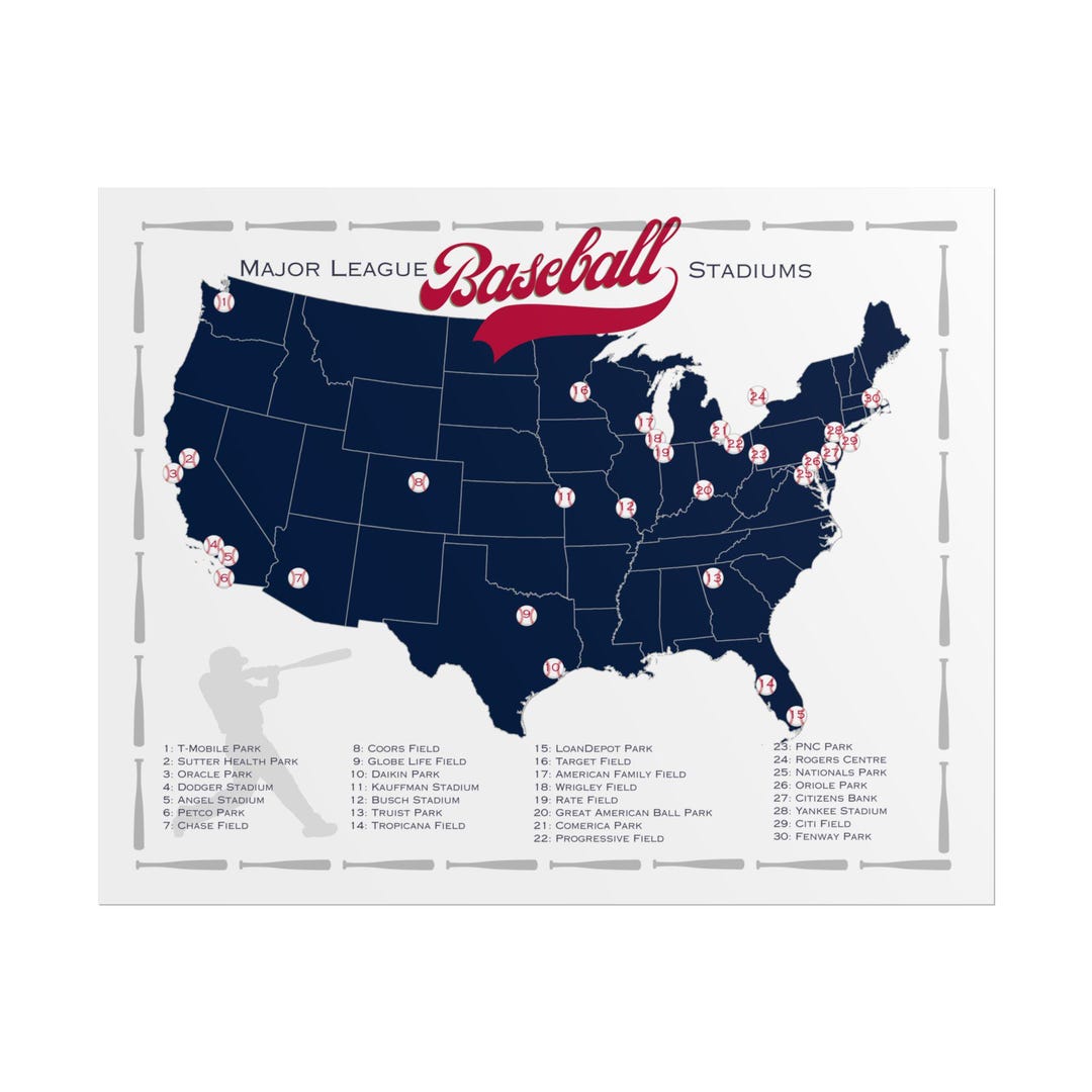 MLB Stadium Map Poster Major League Baseball Stadiums Map of the USA ...