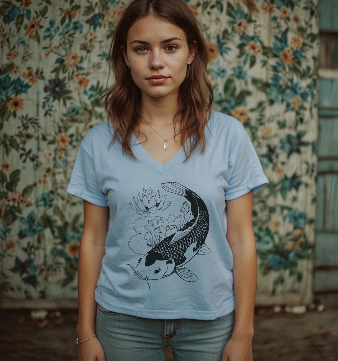 Koi Fish RELAXED Organic Cotton V Neck T-shirt Loose Shirt Boho Gift ...
