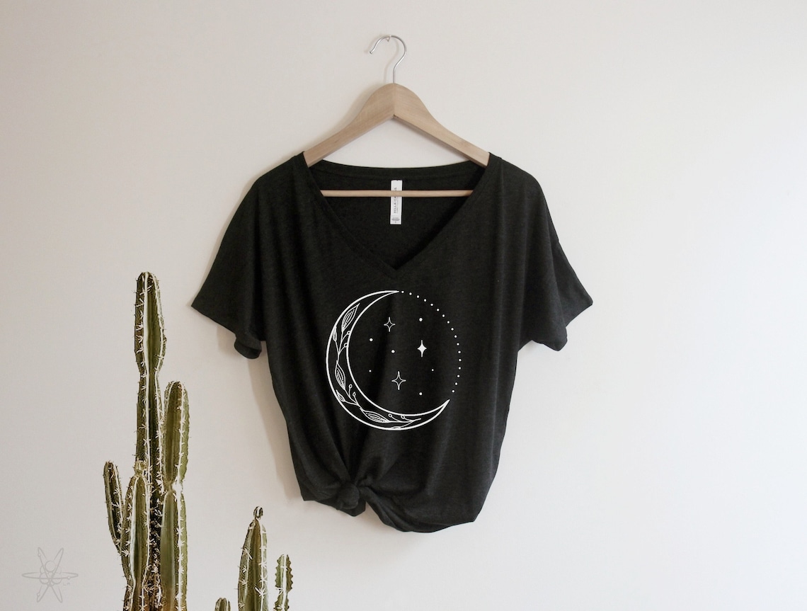 Crescent Moon Flower Botanical Shirt Oversized Slouchy V Neck Tee Loose ...