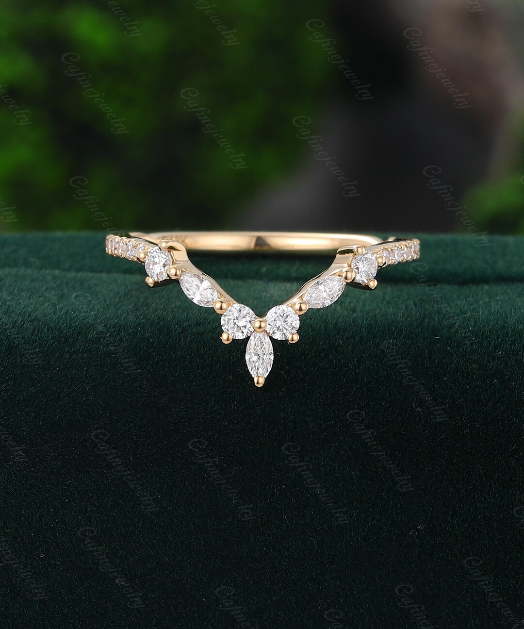 Marquise Cut V Shaped Diamond Wedding Band Unique Yellow Gold Curved ...