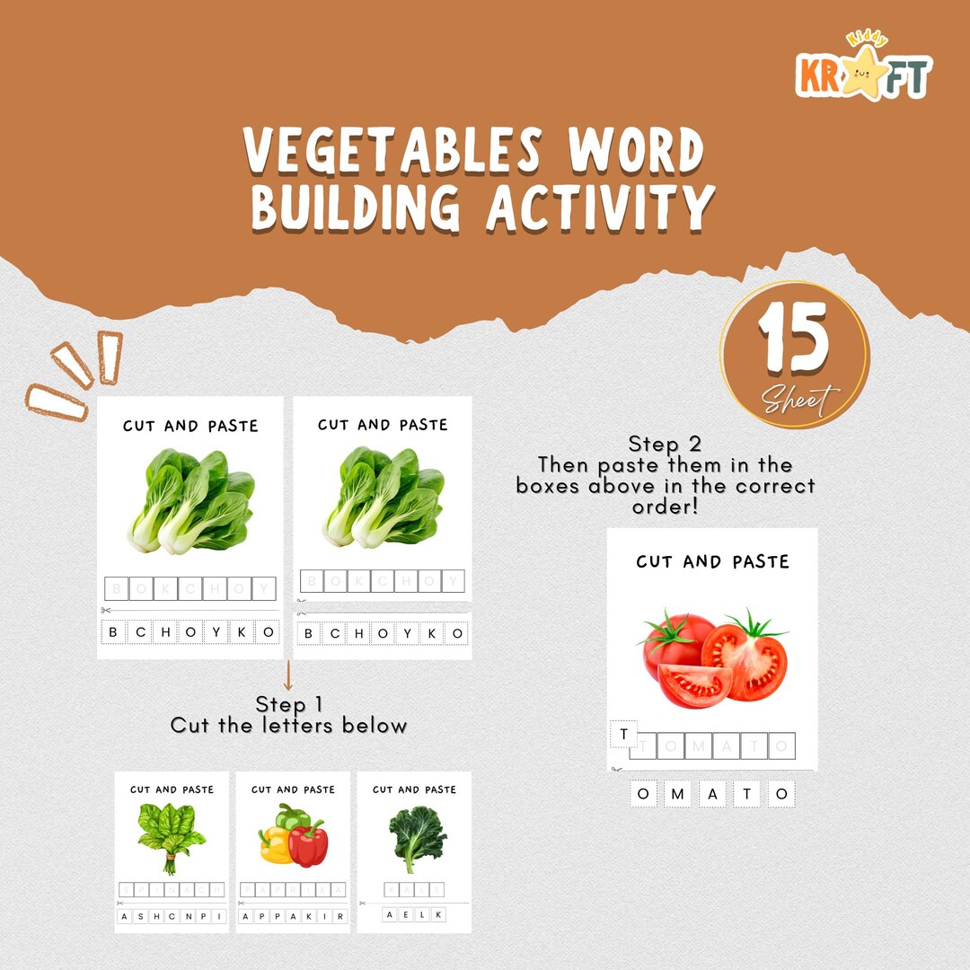 Cut and Paste Word Building Worksheets, Vegetable Worksheets, Preschool ...