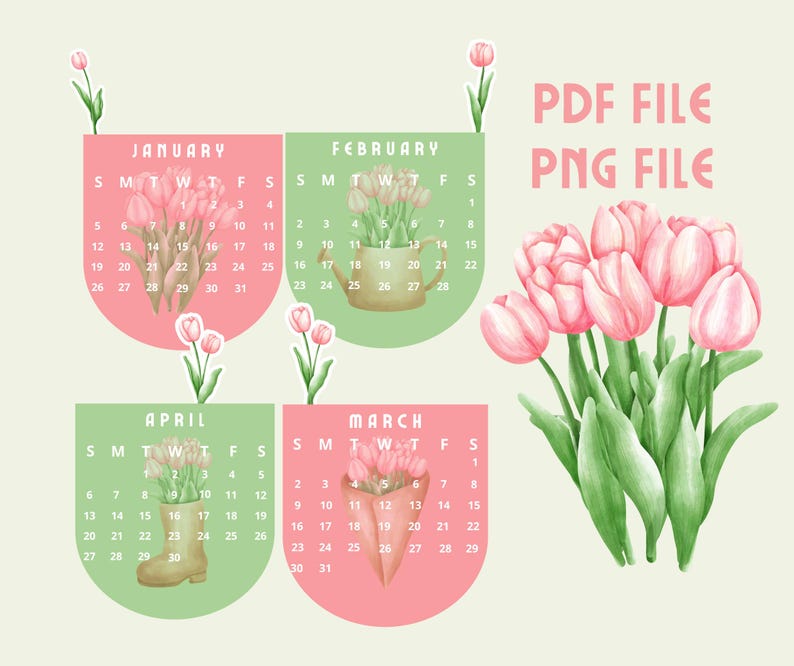2025 Tulip Bloom Printable Desk Calendar With Free Sticker, Instant ...