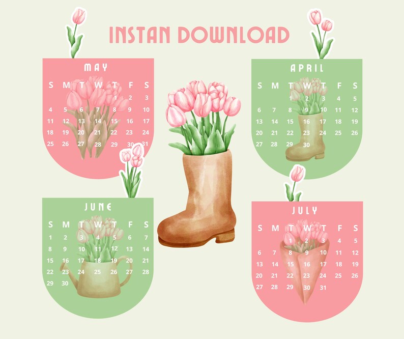 2025 Tulip Bloom Printable Desk Calendar With Free Sticker, Instant ...