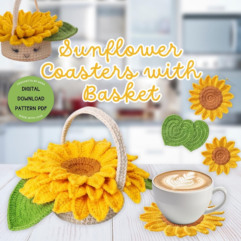 Crochet Sunflower Coasters Pattern Basket Flower Pot Coasters Flower ...