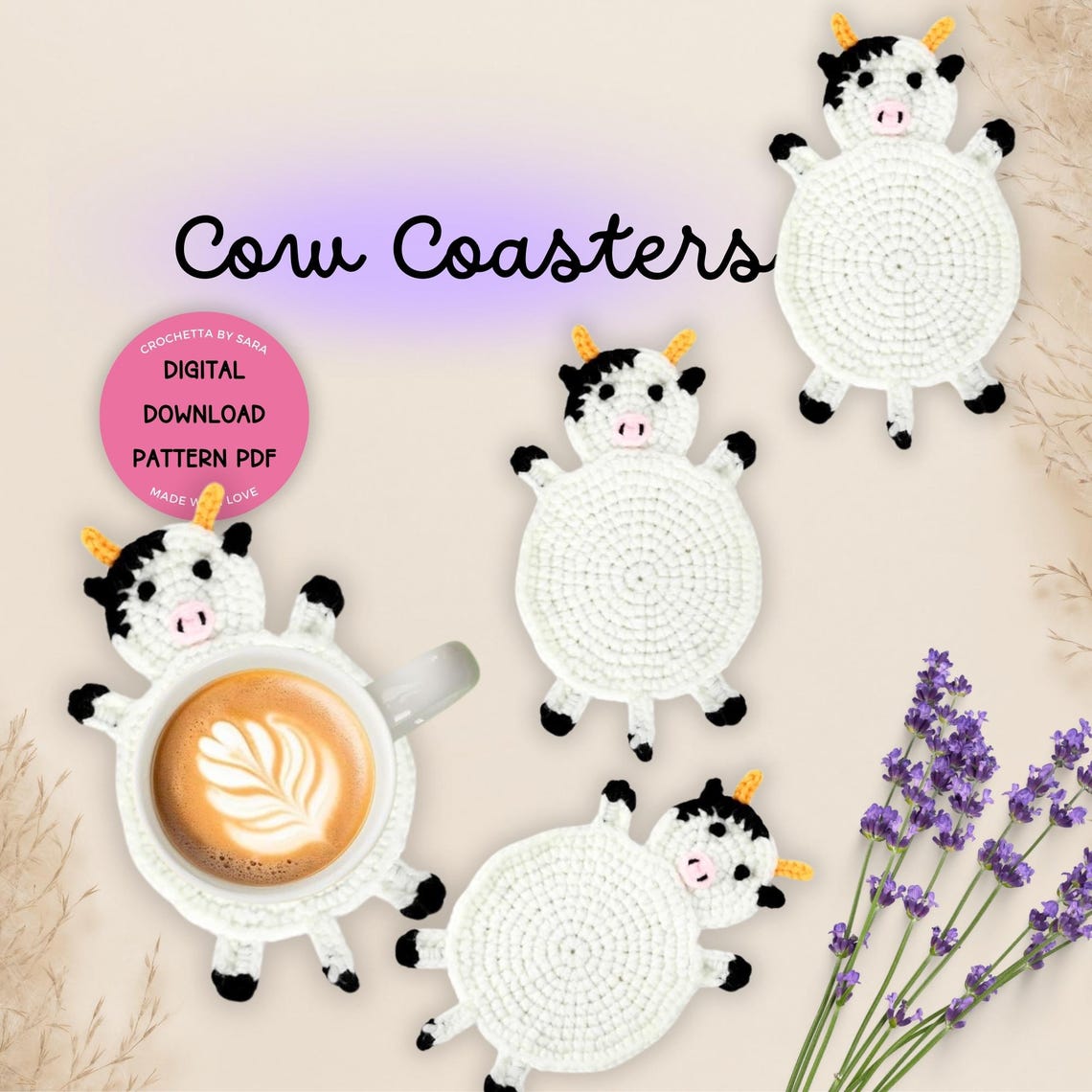 Cow Coasters Crochet Pattern Moo-moo Cow Potholder Coaster Set Digital ...
