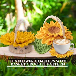 Crochet Sunflower Coasters Pattern Basket Flower Pot Coasters Flower ...
