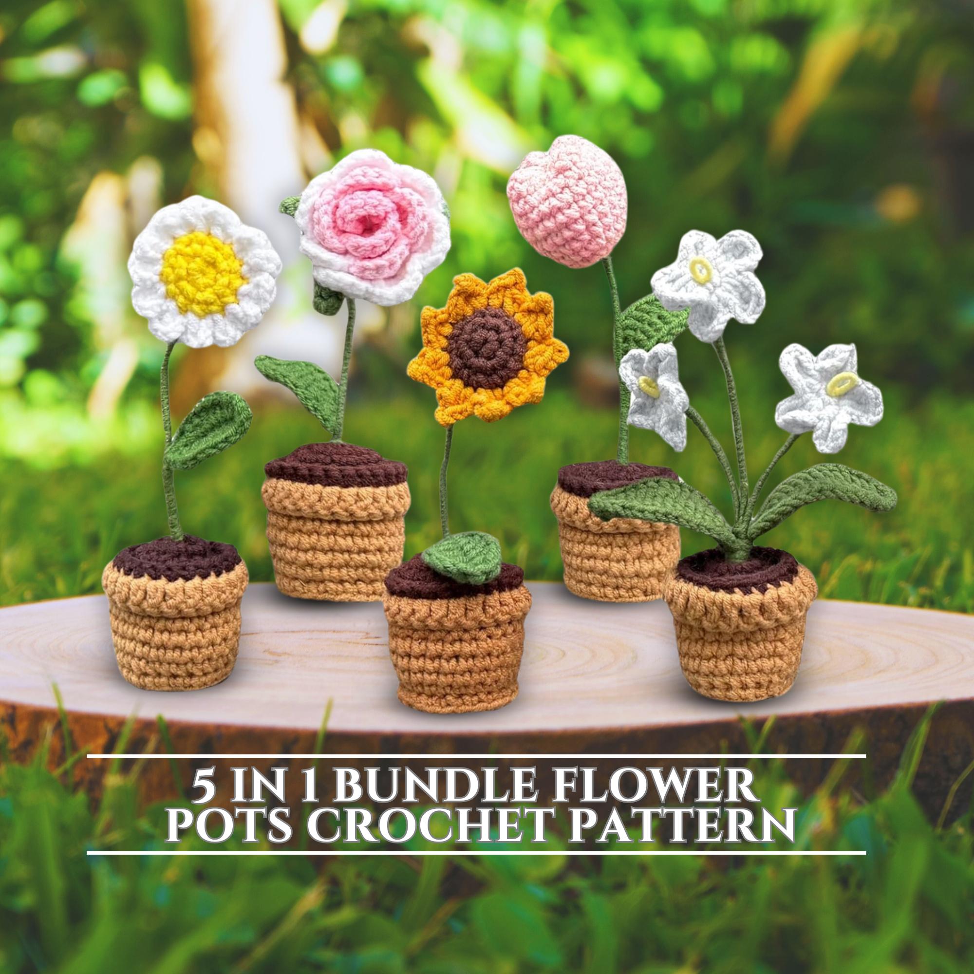 5 in 1 Flower Pot Crochet Patterns Bundle Rose Tulip Forget-me-not ...