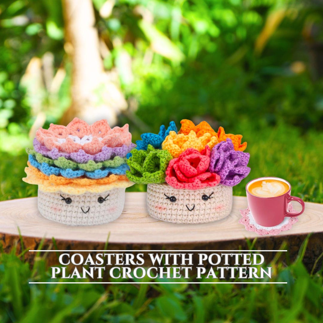 Crochet Pattern Rainbow Flower Pot Coaster Set Succulent Plant Coasters ...