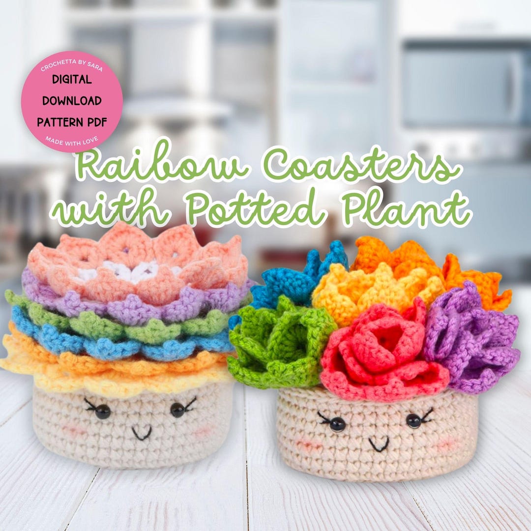 Crochet Pattern Rainbow Flower Pot Coaster Set Succulent Plant Coasters ...