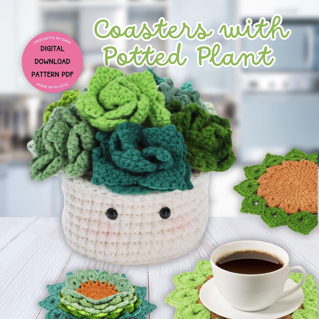 Succulent Coaster Crochet Pattern Flower Pot Coaster Set Succulent ...