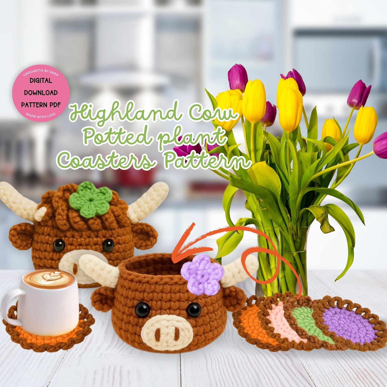 Highland Cow Coaster Crochet Pattern Cow Coaster Set With Potted Plant ...