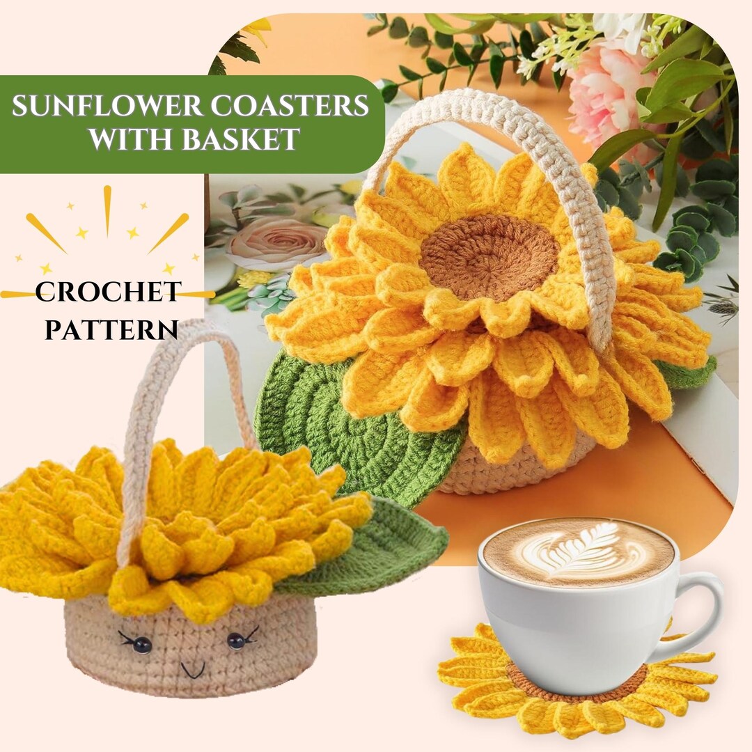 Crochet Pattern Bundle Sunflower Coaster Basket Flower Pot Coasters ...