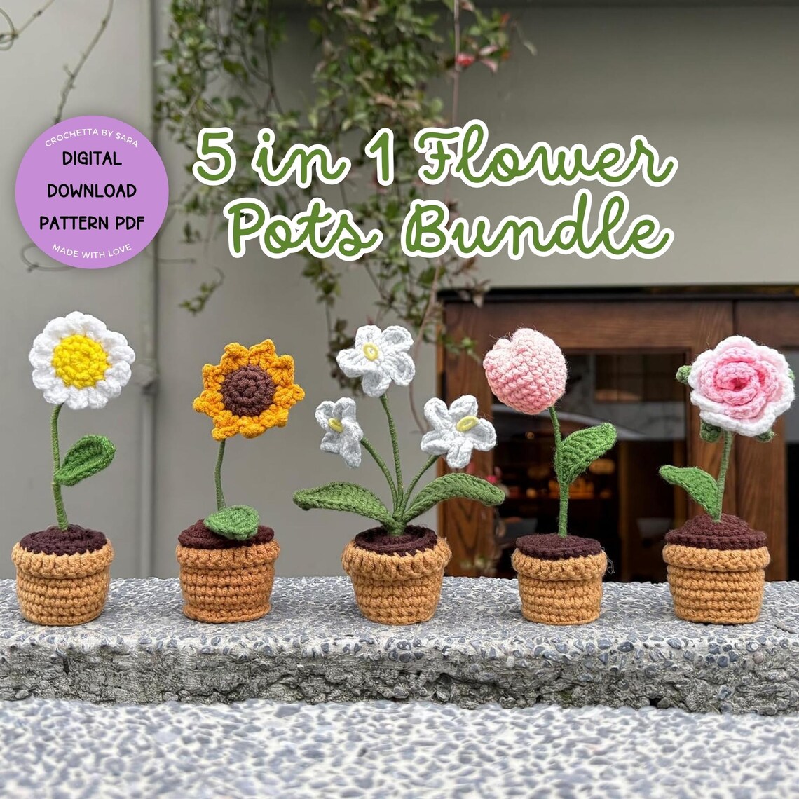 5 in 1 Flower Pot Crochet Patterns Bundle Rose Tulip Forget-me-not ...