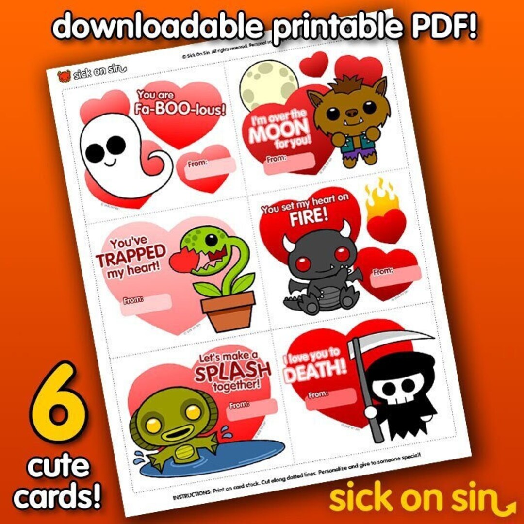 INSTANT DOWNLOAD Printable PDF Valentine's Day Cards Spooky Cute Horror ...