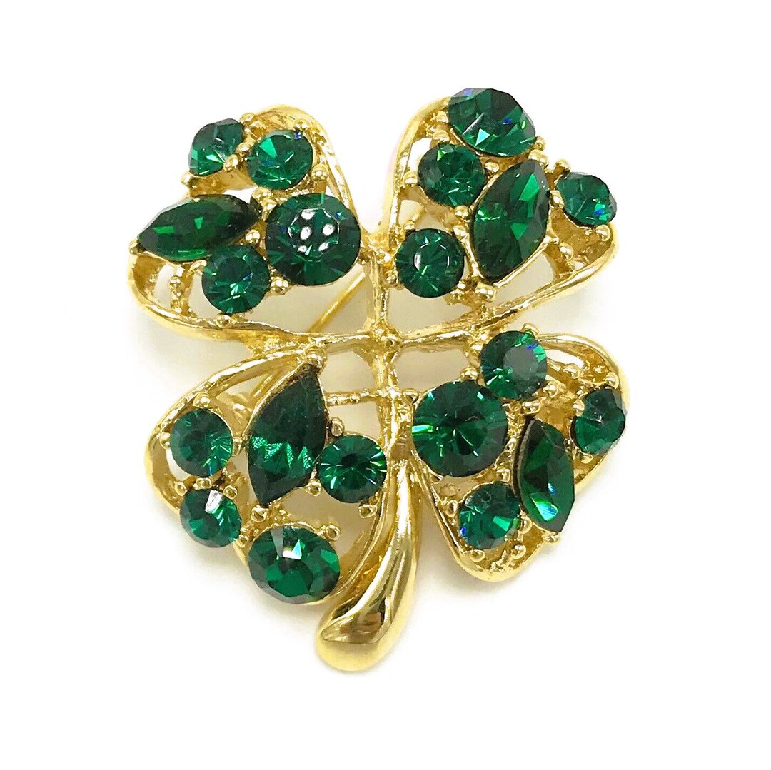 JC Shamrock 4 Leaf Clover Pin Brooch Green Rhinestones Goldtone 1 1/2 Inch VINTAGE Signed ...