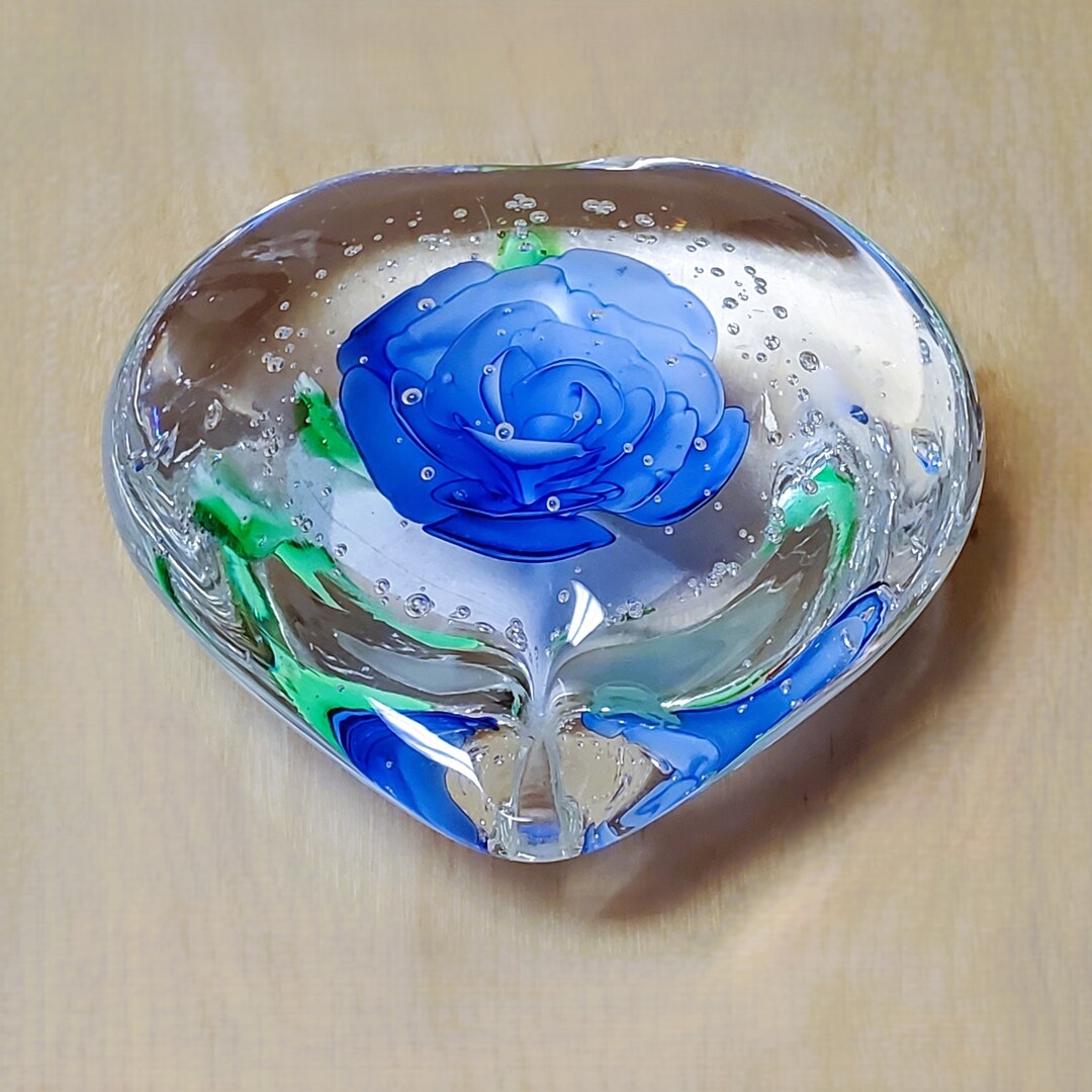 Heart Blue Rose Paperweight, Art Glass Flower VINTAGE Vtg Heavy With ...