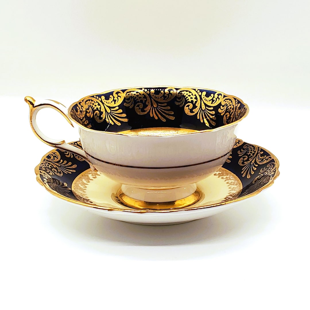 Paragon Cup and Saucer Set Dark Cobalt Blue Gold Lace Fine Bone China ...