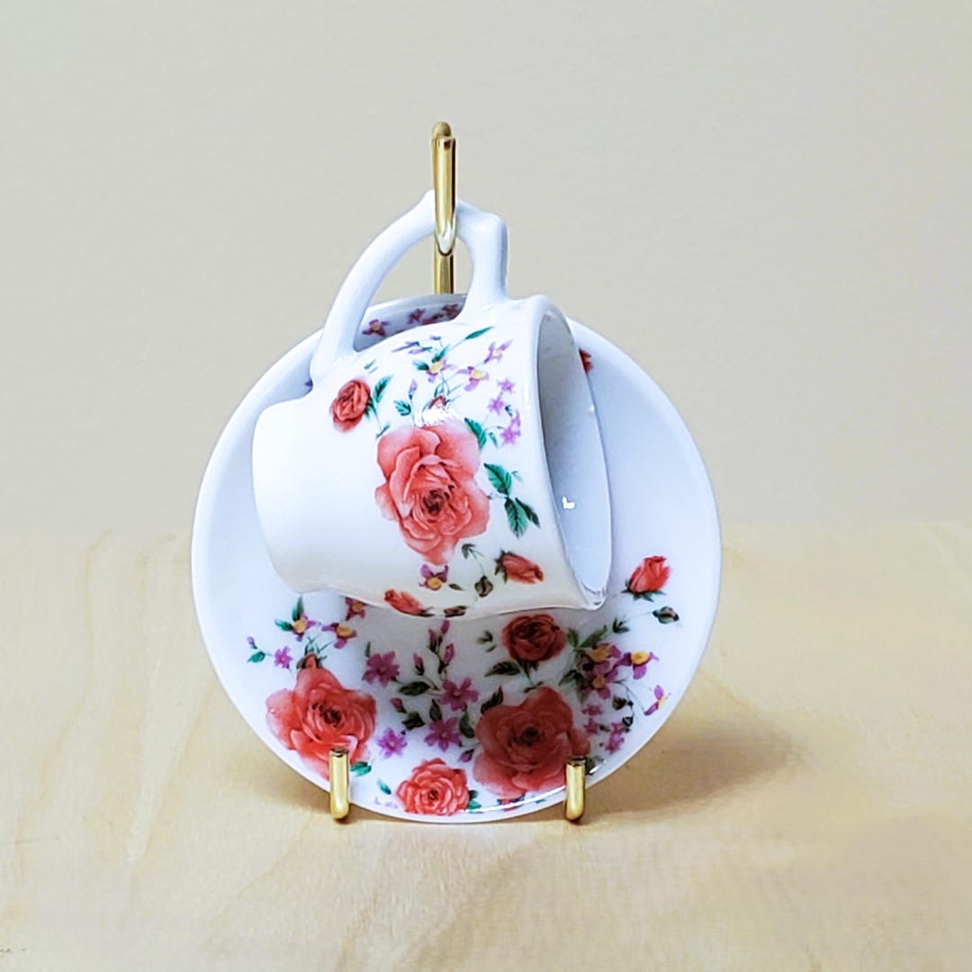 Pink Flowers Miniature Cup and Saucer Set With Stand Porcelain Floral ...