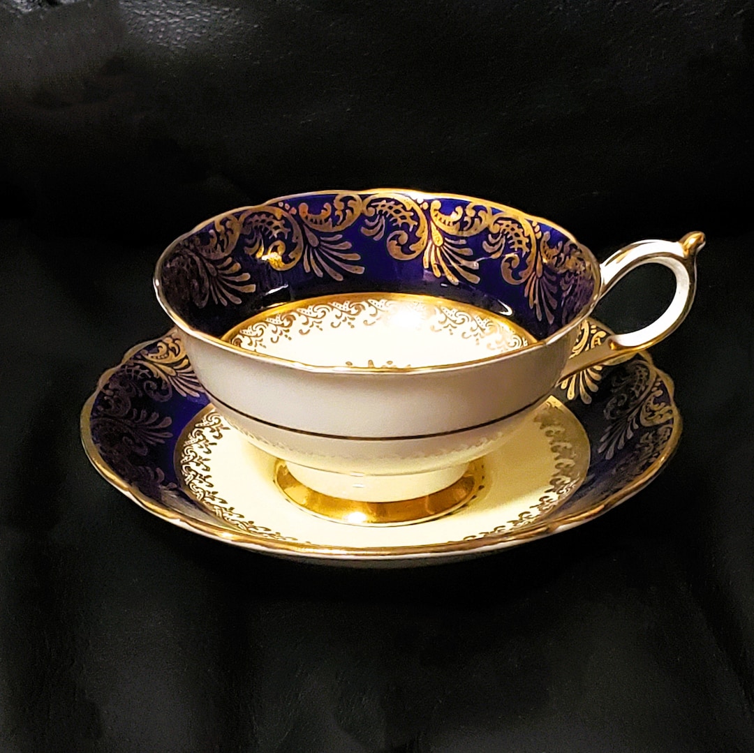 Paragon Cup and Saucer Set Dark Cobalt Blue Gold Lace Fine Bone China ...