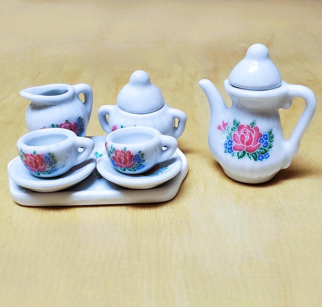 Pink Roses Miniature Tea Set VINTAGE Vtg Porcelain White Floral Tiny ...