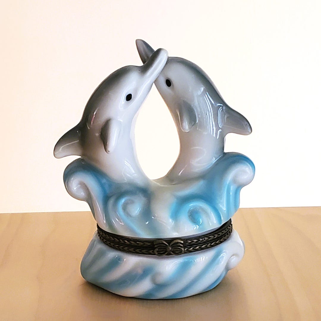 Dolphins Pair Hinged Trinket Box, Porcelain PHB VINTAGE White Aqua ...
