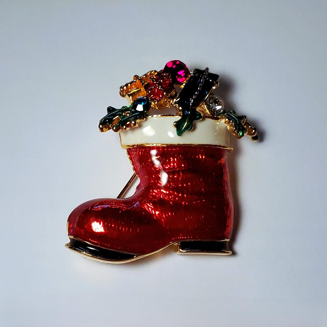 Christmas Stocking Boot Pin Brooch, Rhinestones Enamel 1 3/4" VINTAGE ...