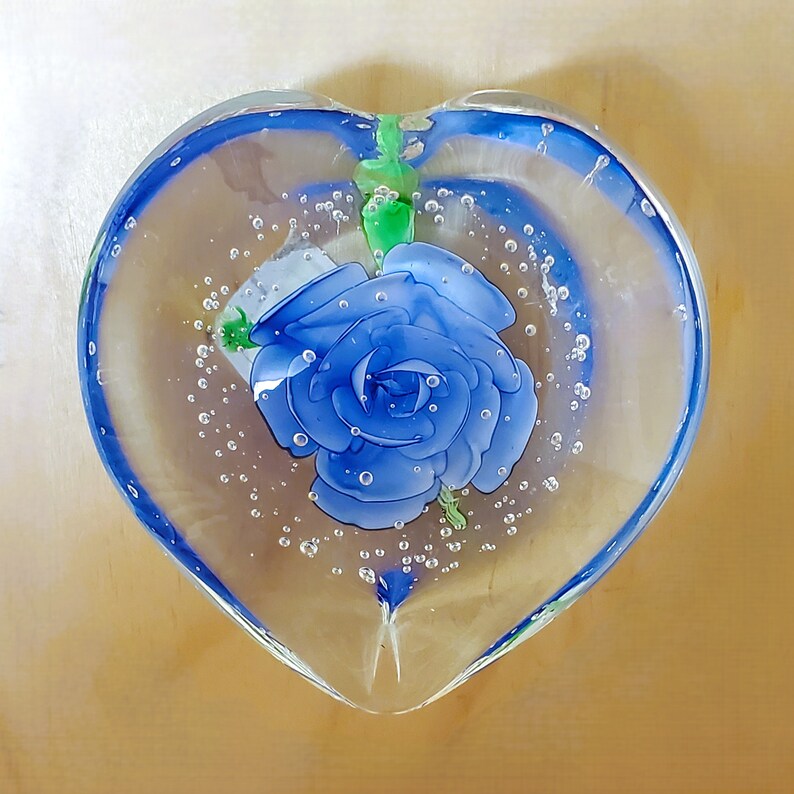 Heart Blue Rose Paperweight, Art Glass Flower VINTAGE Vtg Heavy With ...