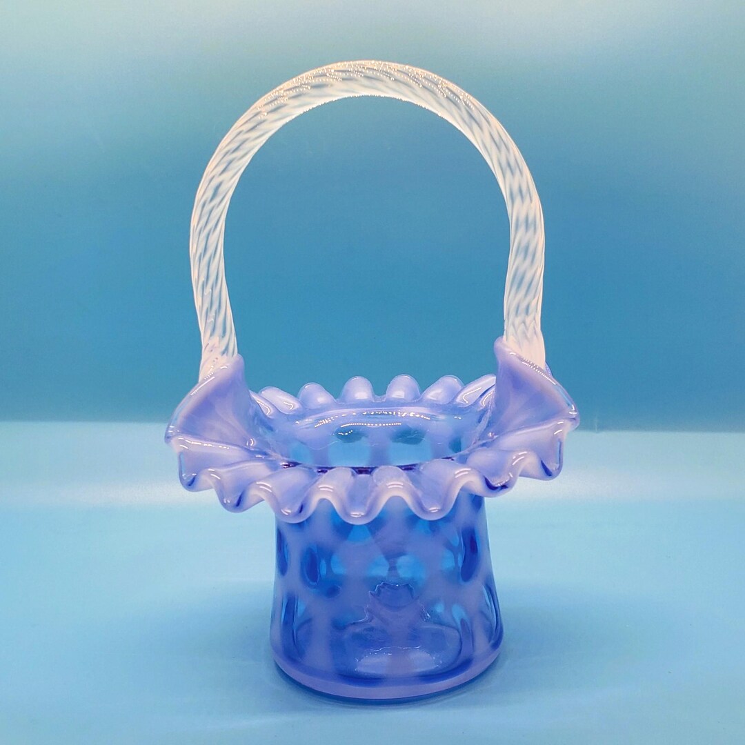 Fenton Coin Dot Blue Glass Hat Basket Opalescent Small Ruffled VINTAGE ...