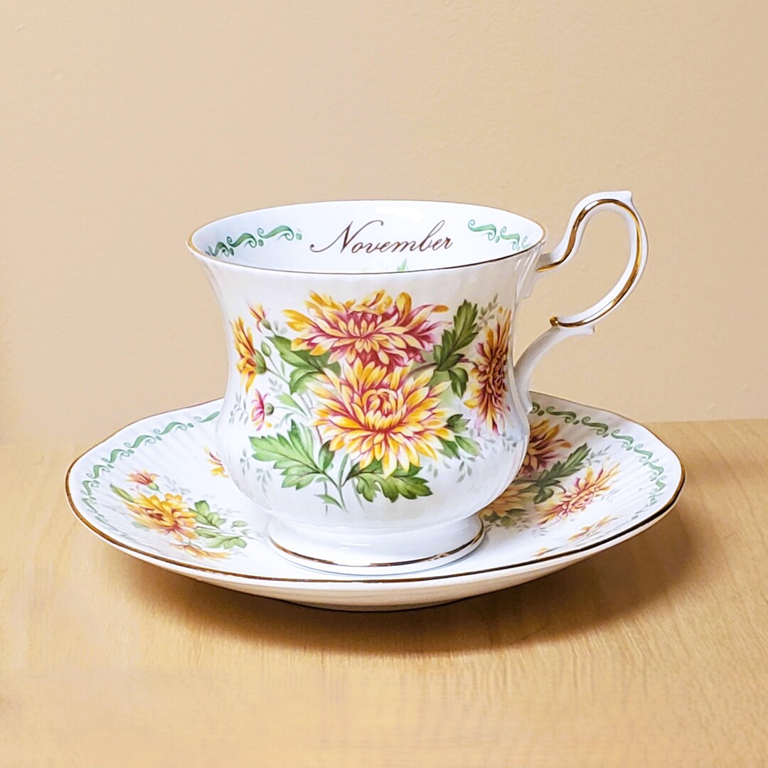 Queens Rosina NOVEMBER Cup and Saucer Set Chrysanthemum Footed Floral ...