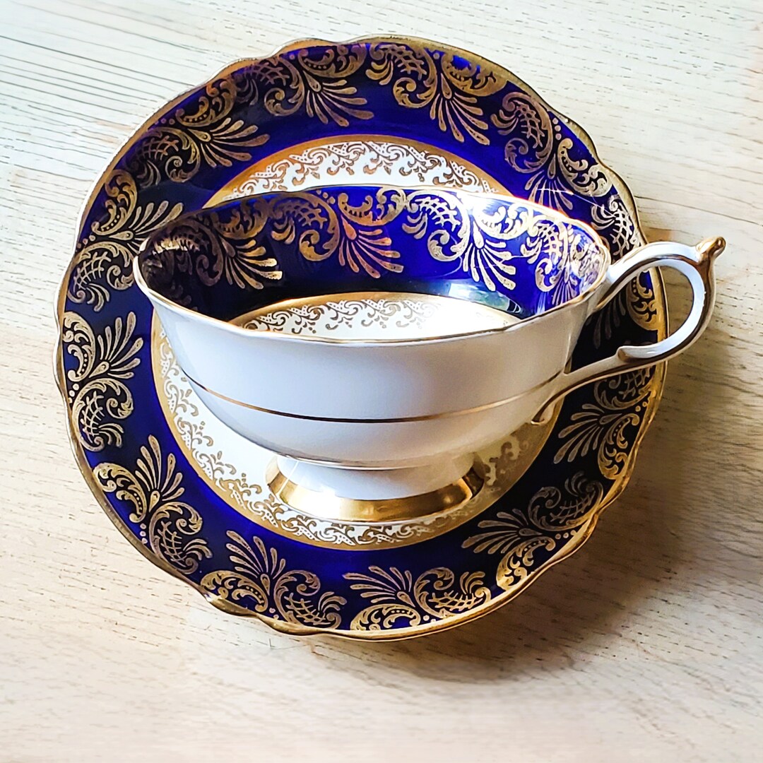 Paragon Cup and Saucer Set Dark Cobalt Blue Gold Lace Fine Bone China ...