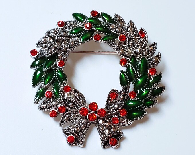 Kenneth Cole Wreath Pin Brooch, Bells Rhinestones Silvertone VINTAGE ...