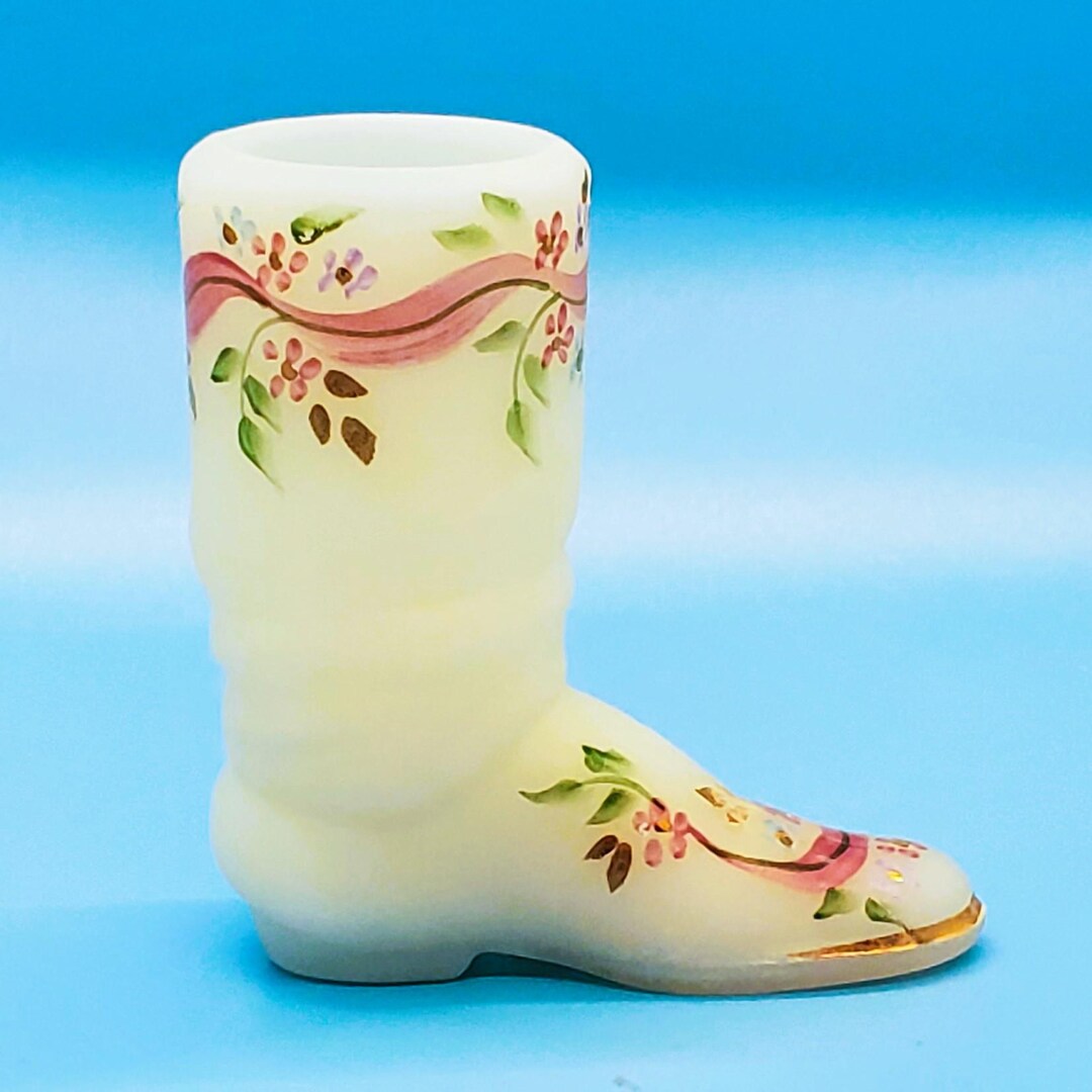 Fenton Small Boot Hand Painted Cream Satin Glass Floral and Gold ...
