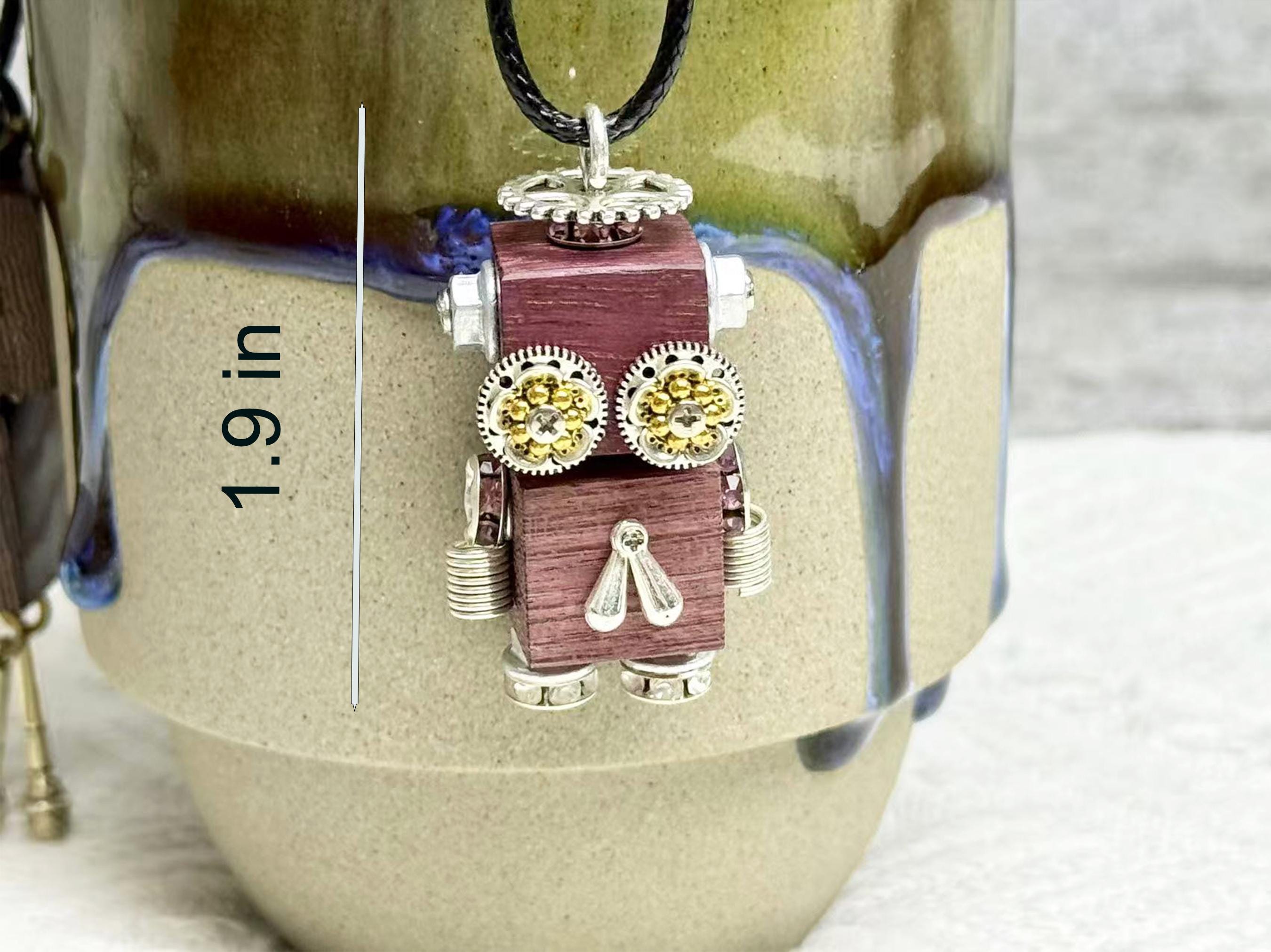 Cute Mini Green Wooden Steampunk Robot Necklace Set, Handmade Robotics ...