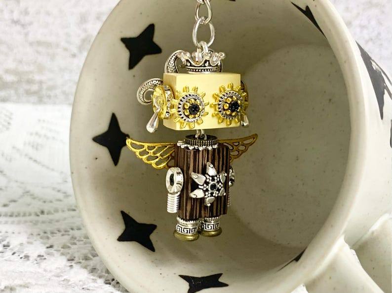 Cute Mini Green Wooden Steampunk Robot Necklace Set, Handmade Robotics ...