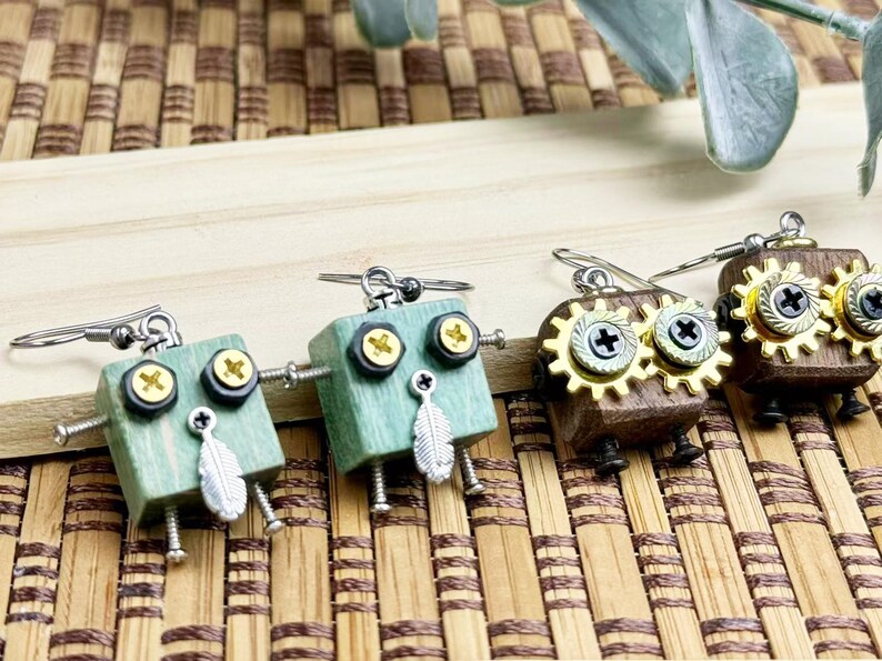 Miniature Wooden Robot Earrings Gift for Her, Handmade Wooden Steampunk ...