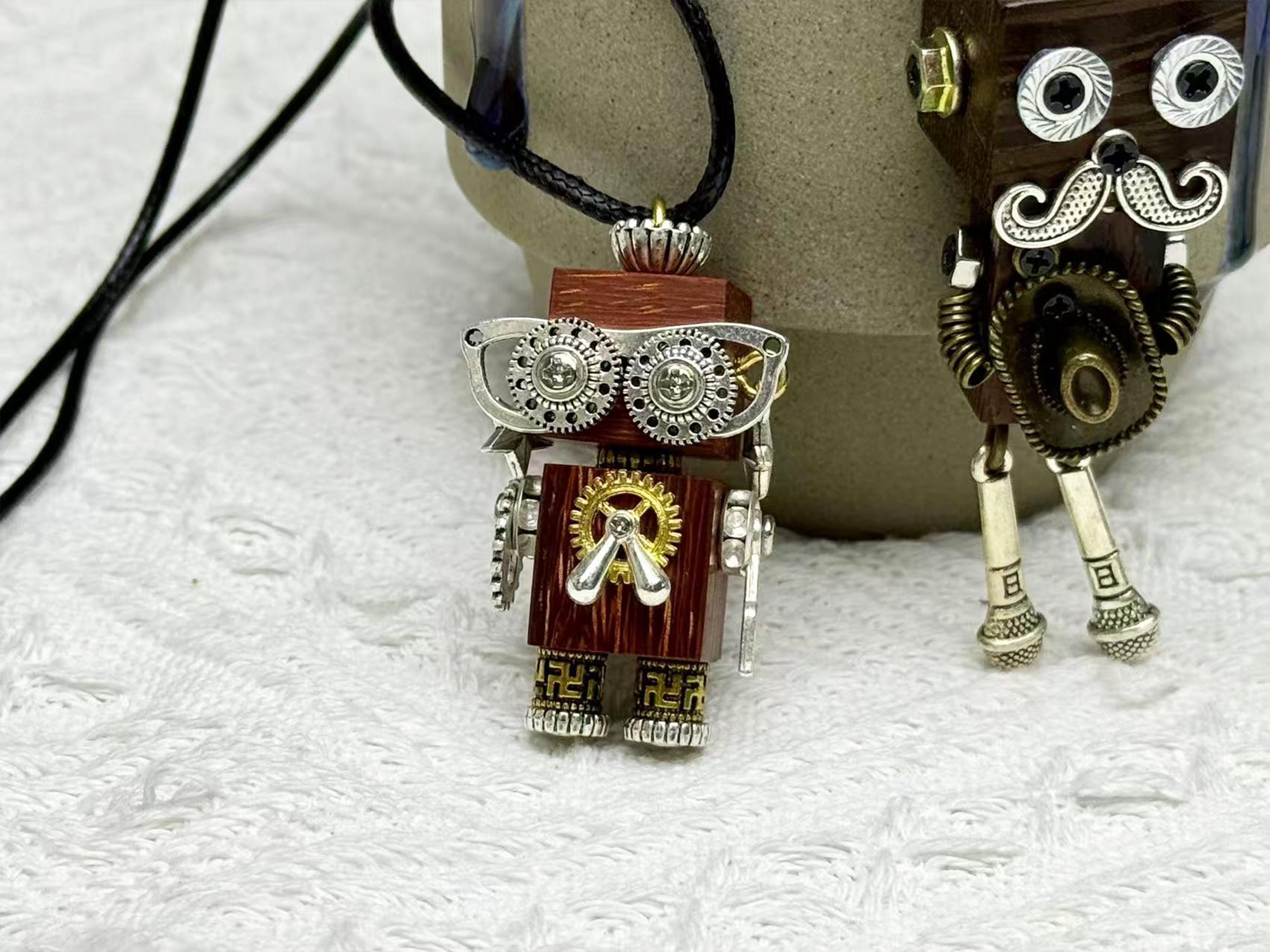 Cute Mini Green Wooden Steampunk Robot Necklace Set, Handmade Robotics ...