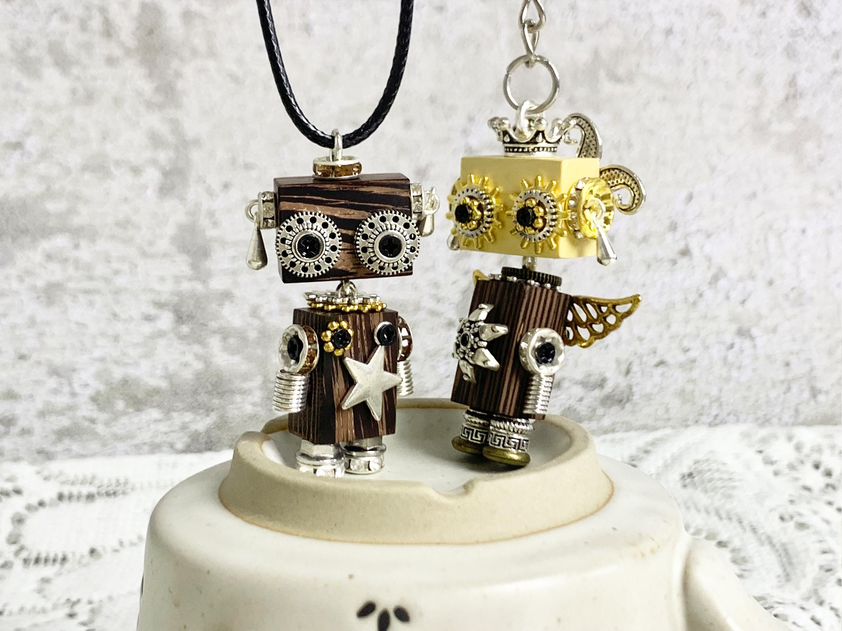 Cute Mini Green Wooden Steampunk Robot Necklace Set, Handmade Robotics ...