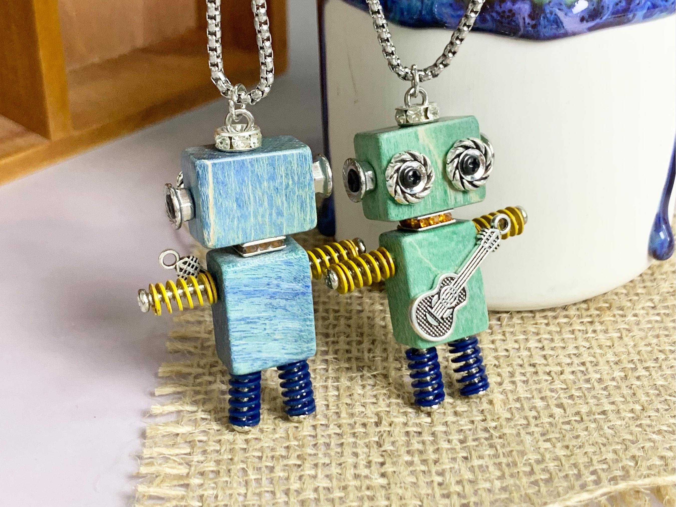 Cute Mini Green Wooden Steampunk Robot Necklace Set, Handmade Robotics ...