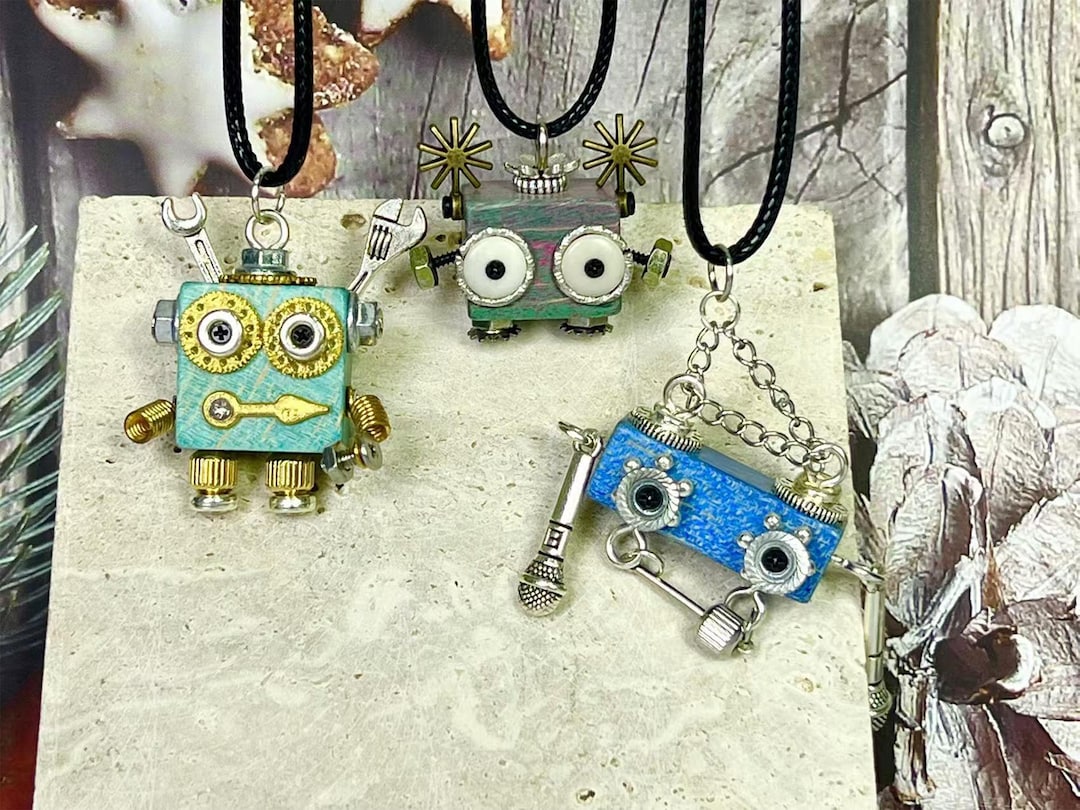 Cute Mini Steampunk Robot Necklace Set for Wife/husband, Handmade Robot ...