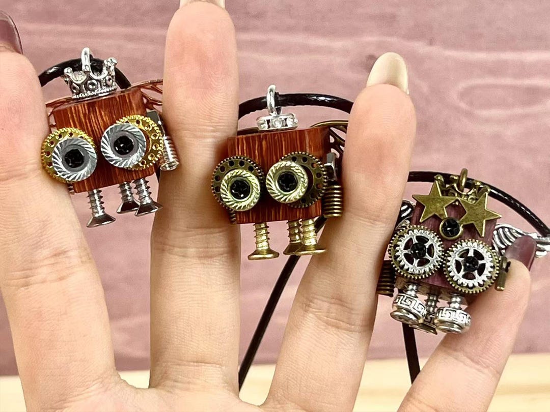 Mini Wooden Steampunk Robot Necklace Decor, Miniature Robotics Keychain ...
