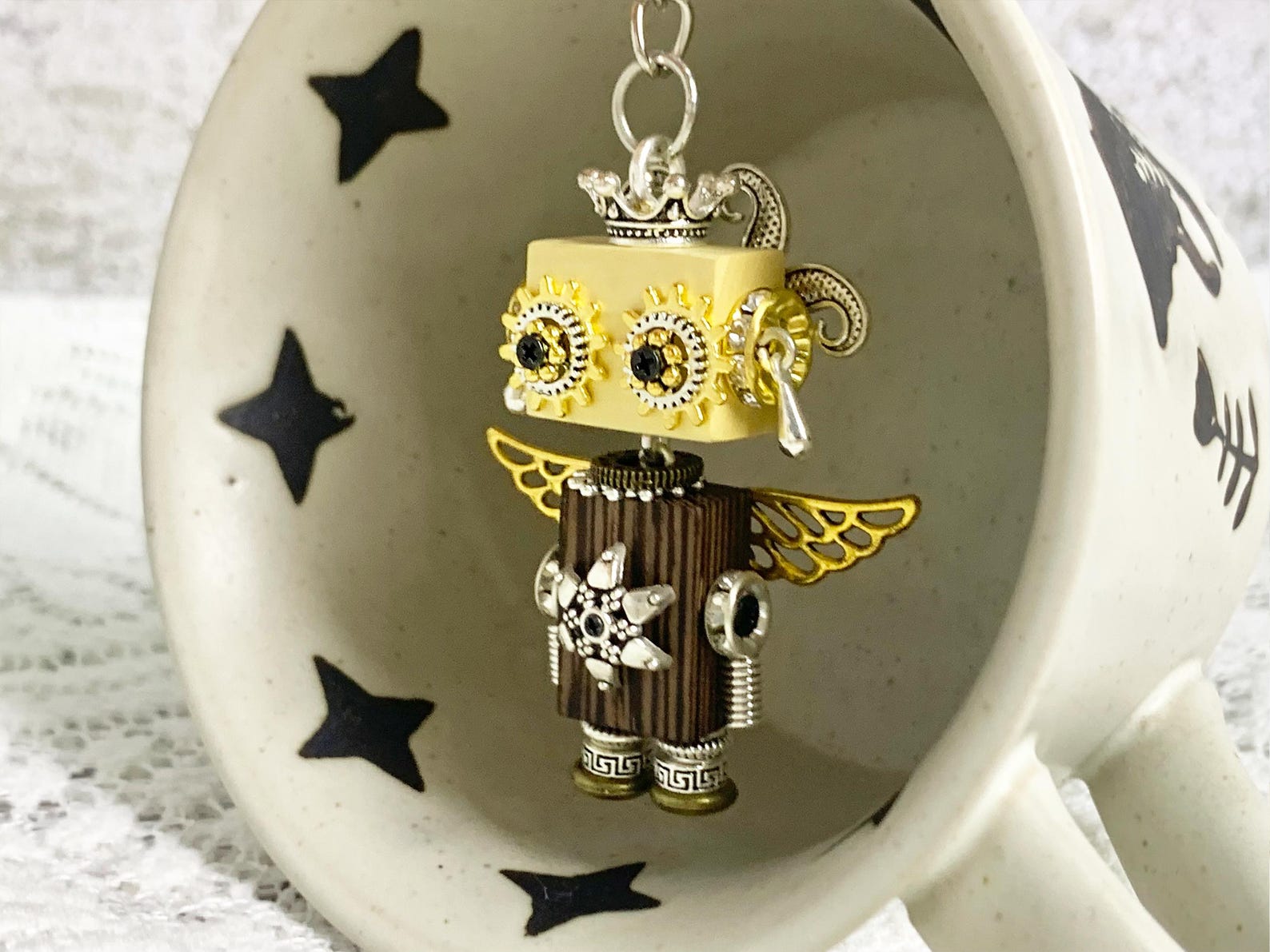 Cute Mini Green Wooden Steampunk Robot Necklace Set, Handmade Robotics ...