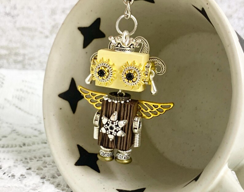 Cute Mini Green Wooden Steampunk Robot Necklace Set, Handmade Robotics ...