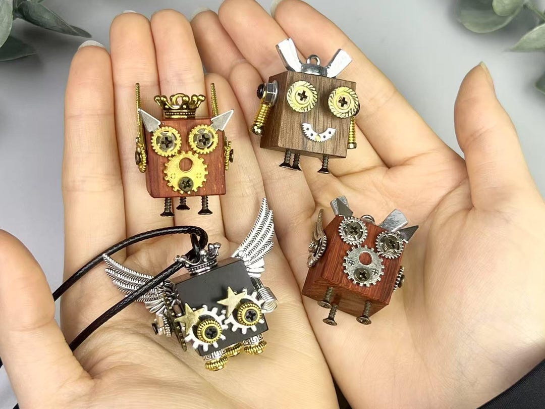 Mini Wooden Steampunk Robot Necklace Decor, Miniature Robotics Keychain ...
