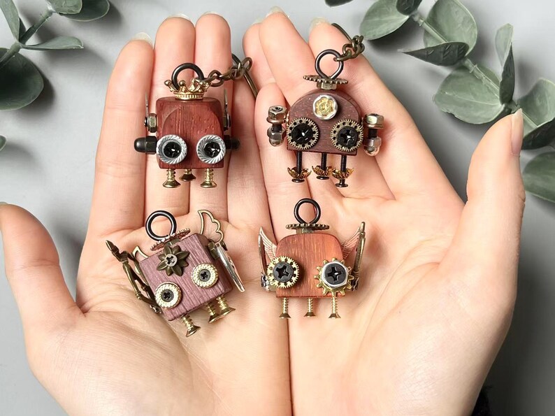 Mini Wooden Robot Cool Keyring Decor Gifts, Handmade Cute Bag Charm ...
