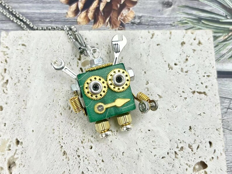 Cute Mini Green Wooden Steampunk Robot Necklace Set, Handmade Robotics ...