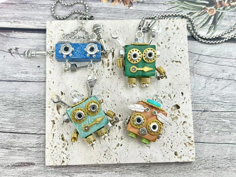 Cute Mini Green Wooden Steampunk Robot Necklace Set, Handmade Robotics ...