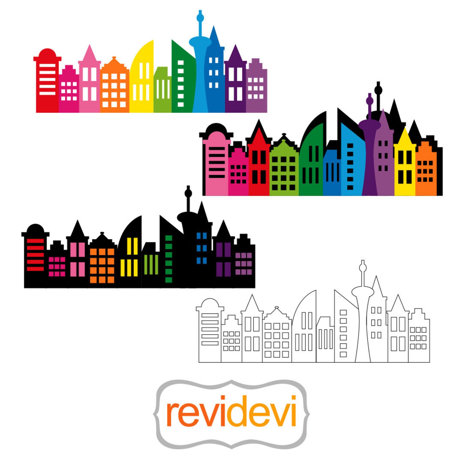 Rainbow Colors Buildings Skyline Clip Art Superhero City - Etsy