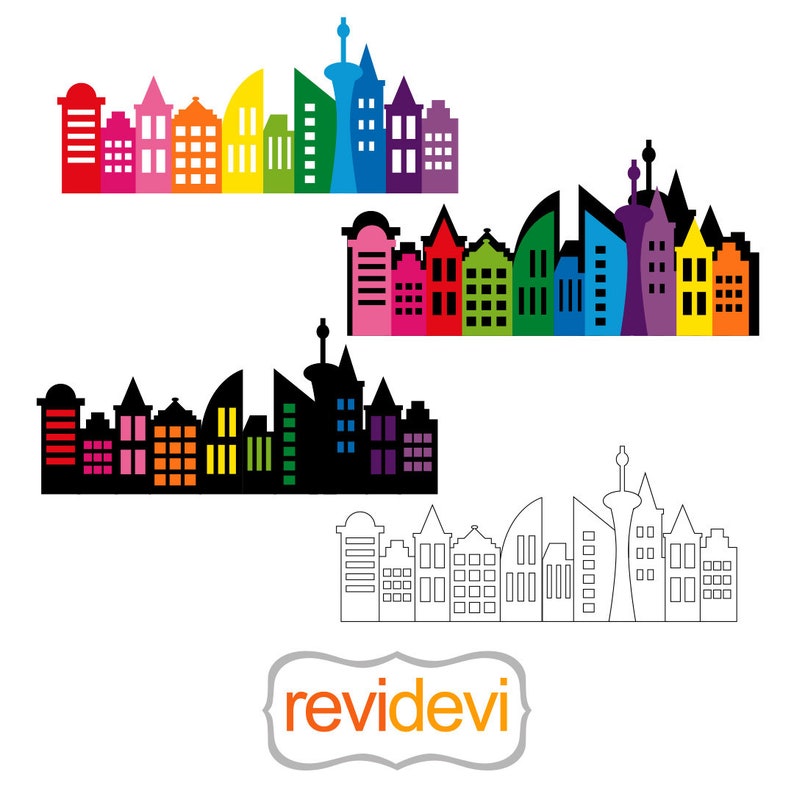 Rainbow Colors Buildings Skyline Clip Art Superhero City - Etsy
